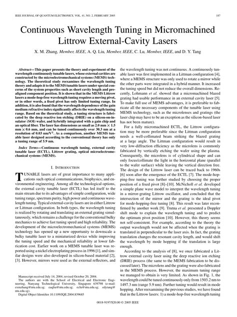 Pdf Continuous Wavelength Tuning In Micromachined Littrow External