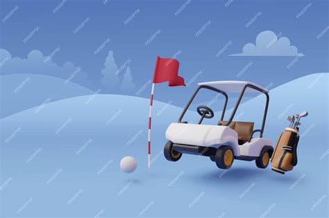 골프 카트 골프 가방 및 골프 플래그 스포츠 및 게임 경쟁 개념의 3d 벡터 프리미엄 벡터