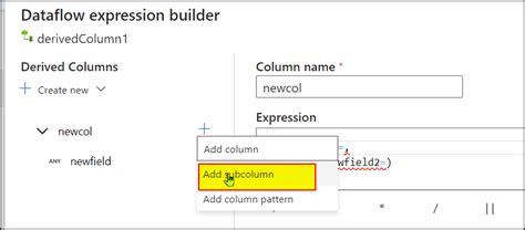 Unable To Add Sub Column In Data Flow Derived Column Transformation