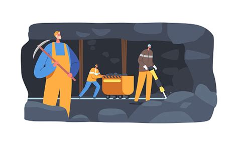 Extraction Industry Workers Characters In Uniform And Helmet At Coal Quarry Loading Fossils On