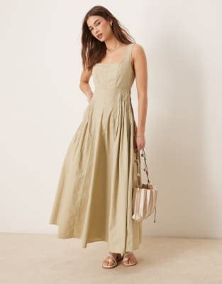 Asos Design Robe Dété Mi Longue à Taille Plissée Et Encolure Dégagée