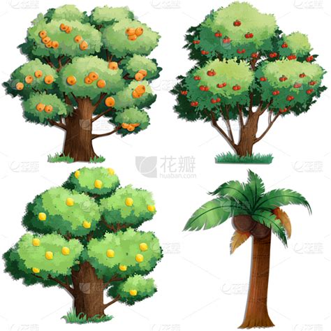 手绘果树绿树植物元素2