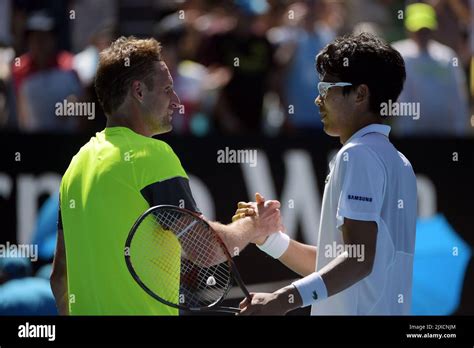Hyeon Chung Of South Korea Right Celebrates After Winning His Quarter