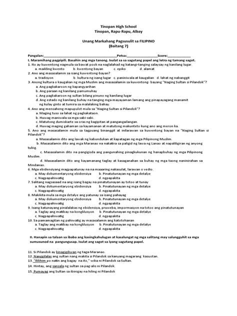 Unang Markahang Pagsususlit Sa Fil 7 Pdf