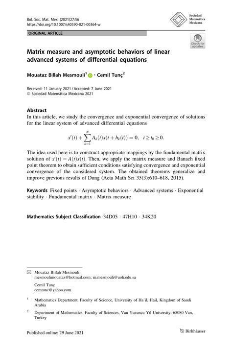 Pdf Matrix Measure And Asymptotic Behaviors Of Linear Advanced Systems Of Differential Equations