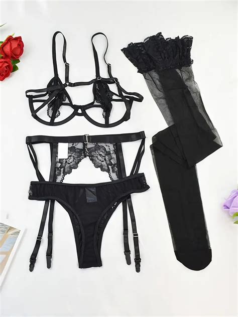 Lace Hollow Harness Sexy Lingerie Set Sheer Thin Straps Bra Temu