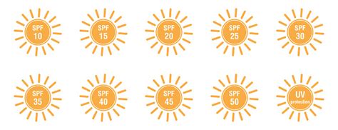 흰색 배경에 격리된 평면 Spf 태양 보호 아이콘 세트입니다 자외선 차단제 제품 또는 기타 피부 화장품에 대한 아이콘입니다 벡터