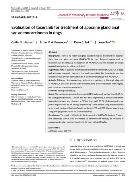 Evaluation Of Toceranib For Treatment Of Apocrine Gland Anal Sac