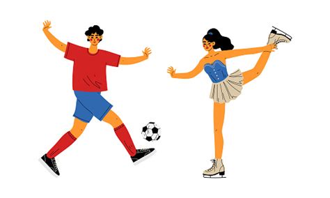 젊은 남자와 여자 아이스 스케이팅 과 재생 축구 벡터 세트 개념에 대한 스톡 벡터 아트 및 기타 이미지 개념 기술 남자
