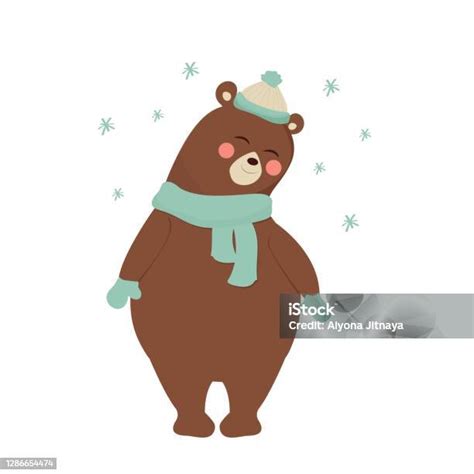 귀여운 수줍은 곰 전신 흰색 배경에 고립 된 사랑스러운 캐릭터 눈송이와 겨울 구성 유치한 인쇄 장식 클립 아트 벡터