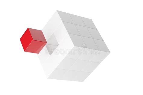 Single Red Cube Floating Outside From Box Made Of Cubes Isolated On White Background Standing