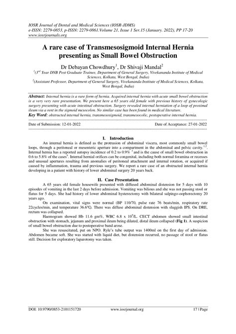 Pdf A Rare Case Of Transmesosigmoid Internal Hernia Presenting As Small Bowel Obstruction