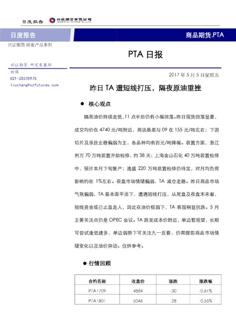 Pta日报：昨日ta遭短线打压，隔夜原油重挫