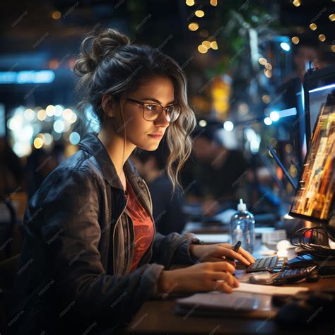 Young Girl Programmer Writing Code On The Keyboard In The Office Space