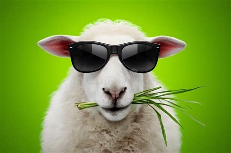 Stylish Sheep In Sunglasses Munching On Grass Against Vibrant Green
