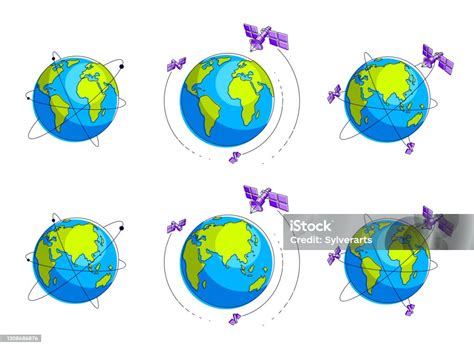 지구 주변 의 궤도 우주 비행을 비행 글로벌 통신 기술 위성 태양 전지 패널과 위성 안테나 플레이트우주선 우주 정거장 얇은 선 3d 벡터 일러스트레이션 세트 0명에 대한