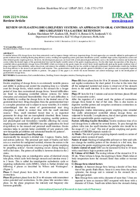 Pdf Review On Floating Drug Delivery Systems An Approach To Oral Controlled Drug Delivery Via