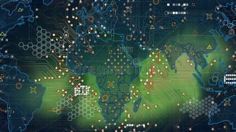 Animation Of Map Over Hexagon Squares Pattern Against Circuit Board