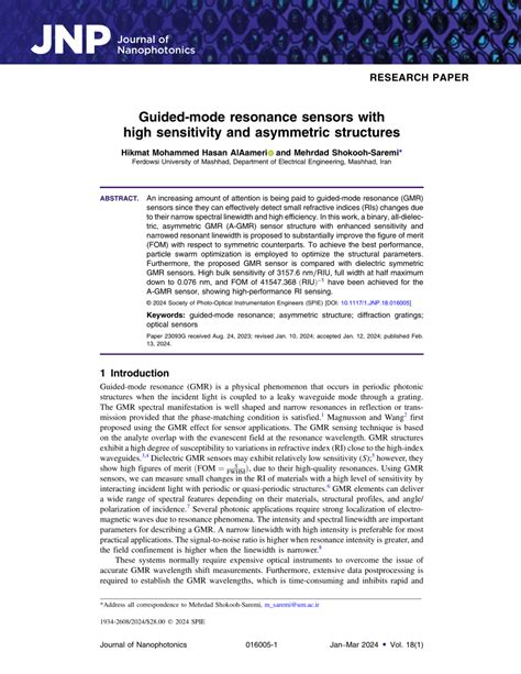Pdf Guided Mode Resonance Sensors With High Sensitivity And Asymmetric Structures