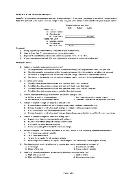 01 Cost Behavior Analysis 1 Pdf Correlation And Dependence Least Squares