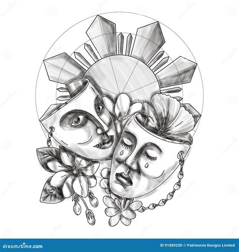 戏曲面具木槿sampaguita花菲律宾太阳纹身花刺 库存例证 插画 包括有 剧院 闪光 茉莉花 纹身花刺 91889200