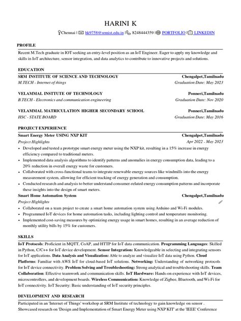 Harini K Resume Pdf Pdf Internet Of Things Home Automation