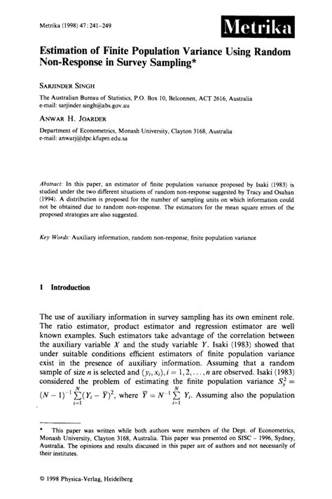 Pdf Estimation Of Finite Population Variance Using Random Non Response In Survey Sampling