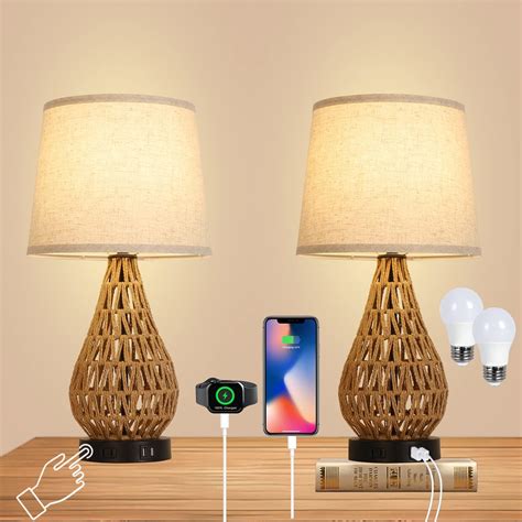 Touch Control Table Lamps Set Of 2 Rattan Bedside Lamps With 2 Usb Ports And Ac Outlet 3 Way