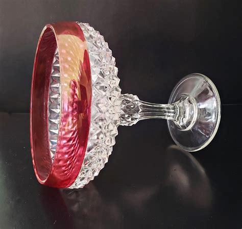 Vintage Indiana Glass Candy Dish Diamond Point And Ruby Band Stemmed