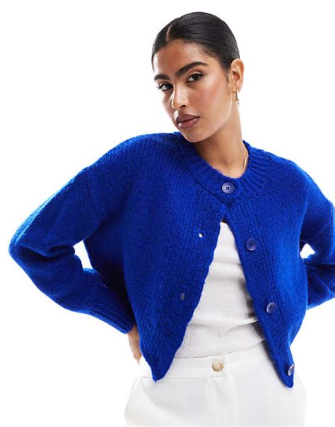 Asos Design Crew Neck Loose Knit Cardigan In Cobalt Asos
