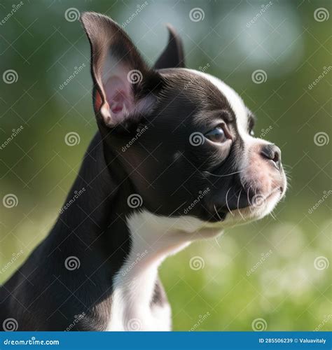 大自然中一只可爱的波士顿梗犬的头像 阳光明媚的夏日，波士顿梗犬幼仔肖像 户外肖像 库存例证 插画 包括有 深度 成群 285506239