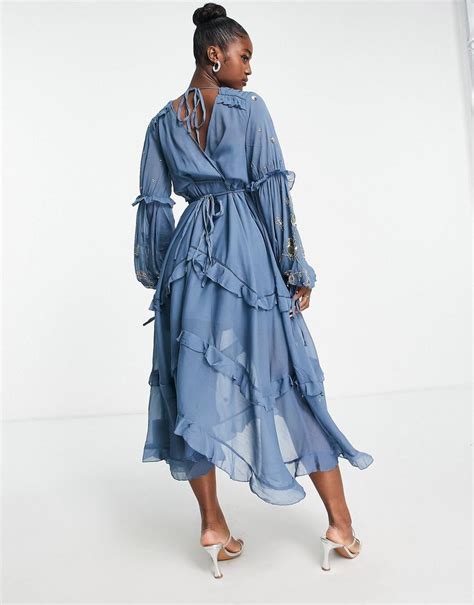 Asos Design A Line Midi Dress With Cluster Embellishment Asos Blue