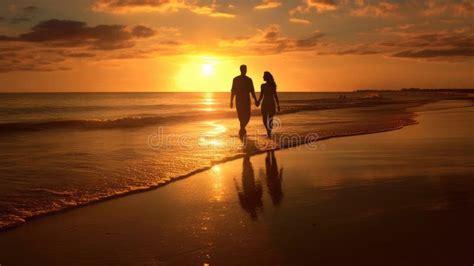 Romantic Silhouette Of A Couple On The Sand Of A Sunset Beach With Surf