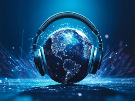 Global Music Technology World Earth With Headphones In A Digital