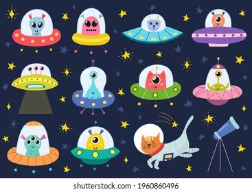 Cute Aliens Spaceships Collection Space Ufo Stock Vector Royalty Free