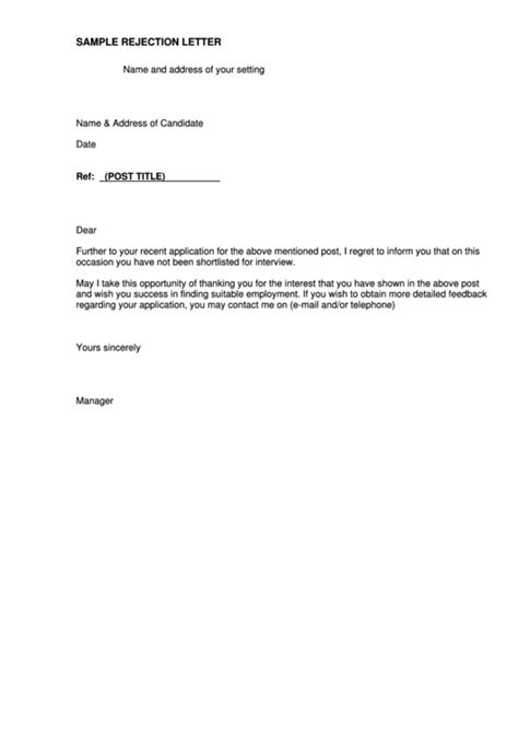 Sample Rejection Letter Template Printable Pdf Download
