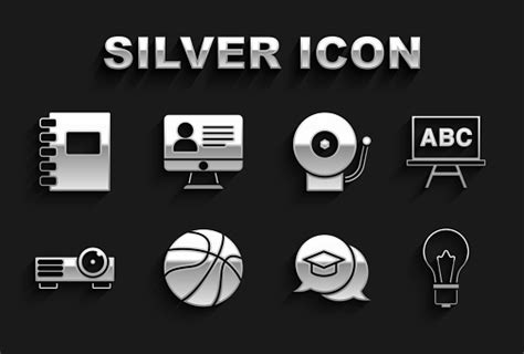 농구 공 칠판 아이디어가 있는 전구 말풍선의 졸업 모자 영화 영화 미디어 프로젝터 울리는 알람 벨 나선형 노트북 및 온라인 수업 아이콘을 설정합니다 벡터 0명에 대한 스톡