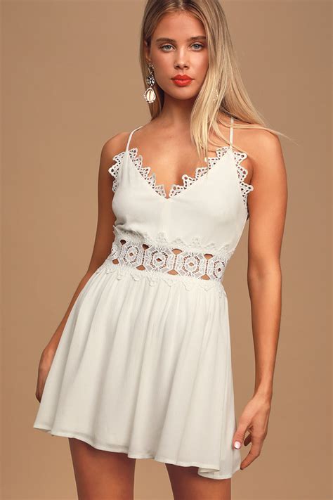 Cute White Mini Dress Crochet Lace Mini Dress Skater Dress Lulus