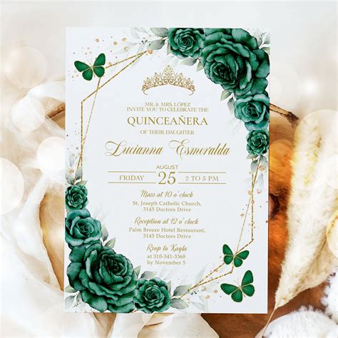Invitación De Quinceañera Verde Esmeralda Y Oro Plantilla Editable De