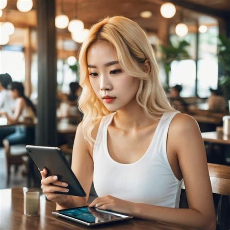 Premium Photo Young Korean Asian Girl Using Tablet In Coffeeshop
