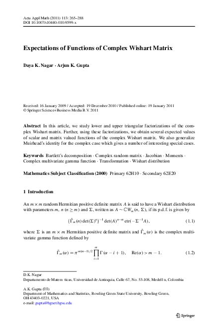 Pdf Expectations Of Functions Of Complex Wishart Matrix