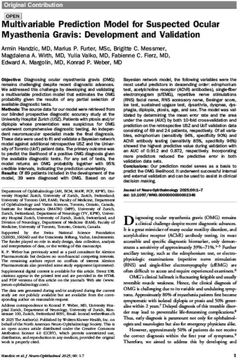 Multivariable Prediction Model For Suspected Ocular Myasthenia Gravis