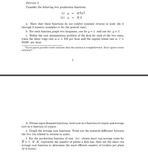Solved Consider The Following Two Production Functions Y