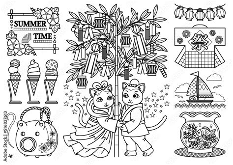 猫のイラスト夏のデザイン「summer Time（ぬりえ線画）」朝顔・アイスクリーム・蚊取り線香・七夕・織姫彦星・提灯・法被・ヨット・金魚鉢