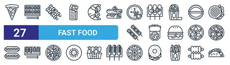 피자 초밥 고기 고기 피자 초밥 피자 타코 벡터 웹 디자인 모바일 응용 프로그램과 같은 27 개요 웹 패스트 푸드 아이콘 세트 아이콘에 대한 스톡 벡터 아트 및 기타 이미지