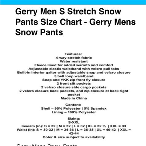 Gerry Snow Pants Size Chart