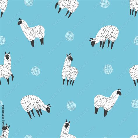 Cute Llama Seamless Pattern Vector Blue Background With Hand Drawn