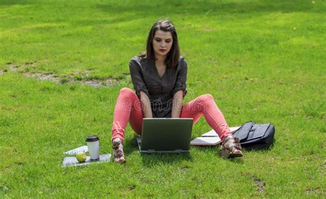 Young Woman With Computer In An Urban Park Stock Image Image Of