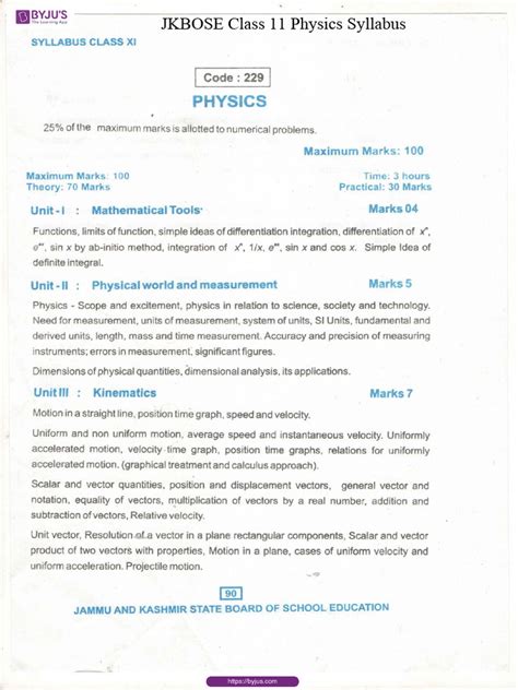 Jkbose Class 11 Physics Syllabus Pdf