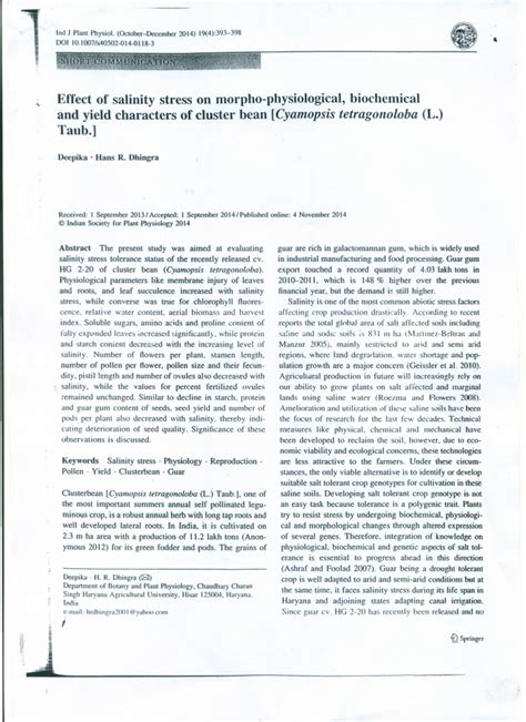 Pdf Effect Of Salinity Stress On Morpho Physiological Biochemical And Yield Characters Of